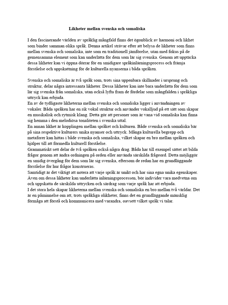 Likheter Mellan Svenska Och Somaliska | PDF