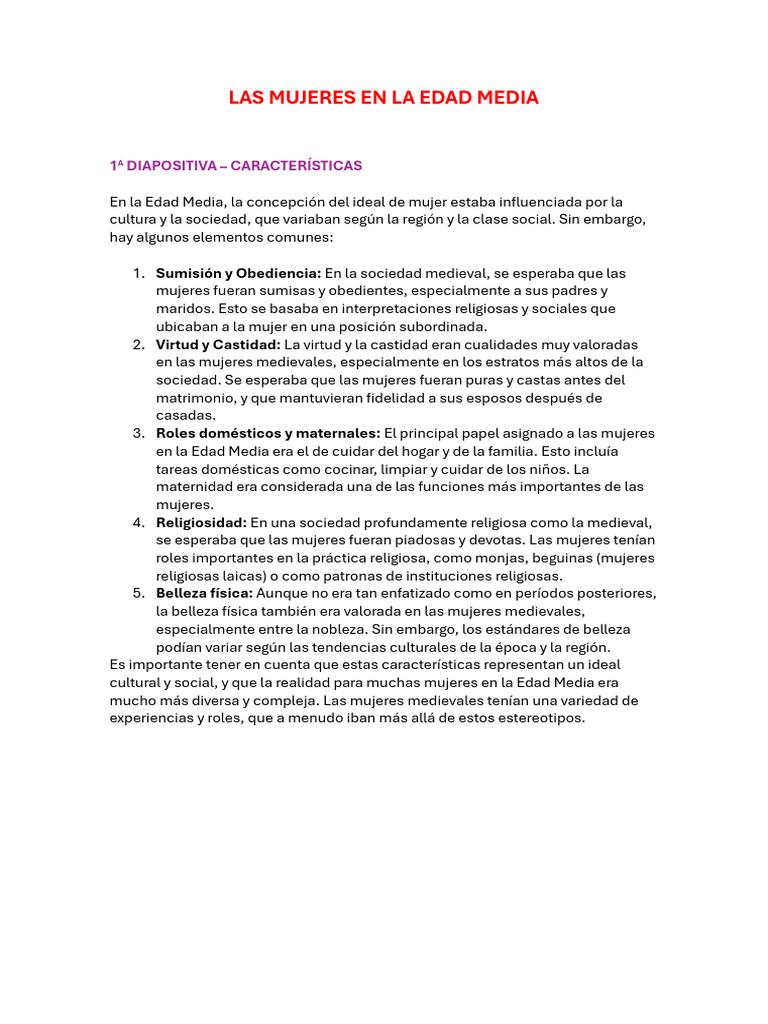 Mujeres en la Edad Media: Roles y Representación | PDF | Edades medias ...