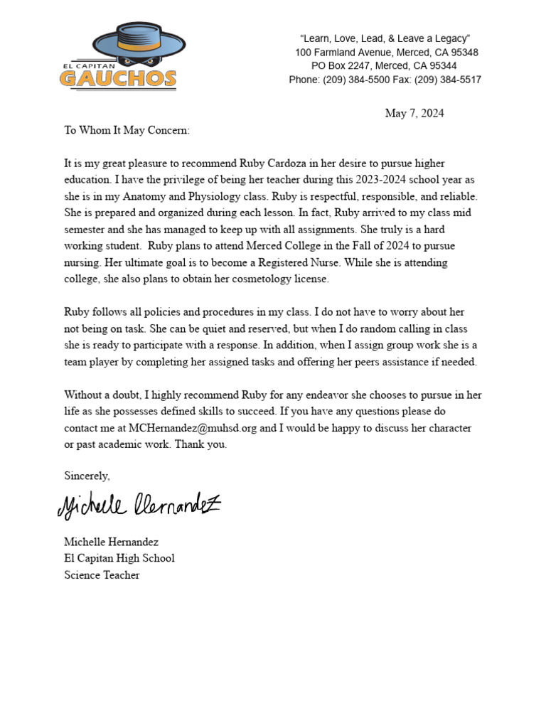 Ruby Cardoza Letter of Rec | PDF
