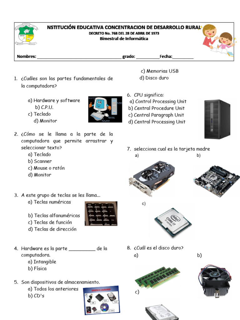 Examen Bimestral de Informática y Máquinas Simples | PDF | Hardware de la computadora ...