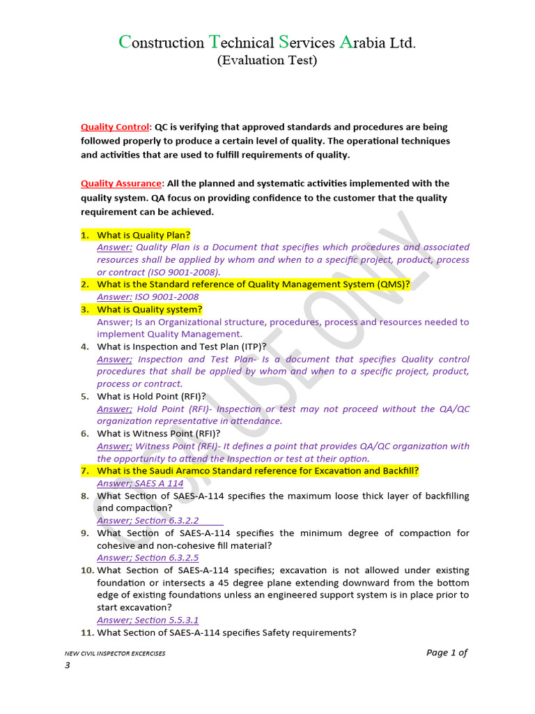 Civil Inspector For ARAMCO Interview-Question & Answers (1) CTSA | PDF | Concrete | Quality ...