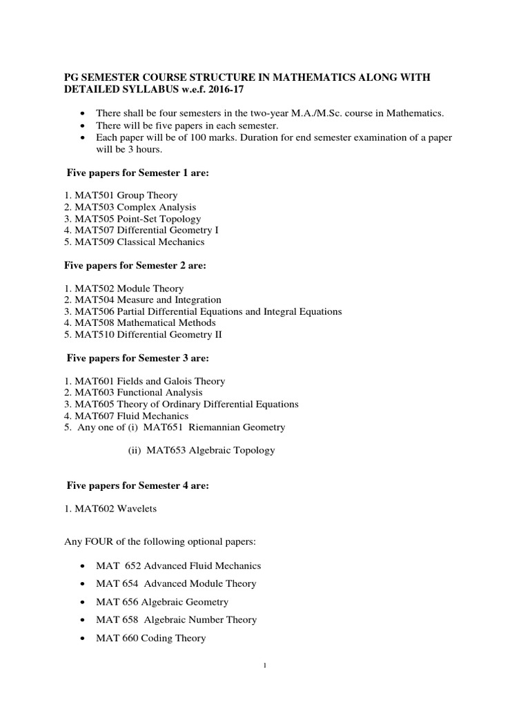 PG Mathematics Course Syllabus | PDF | Ring (Mathematics) | Lagrangian Mechanics