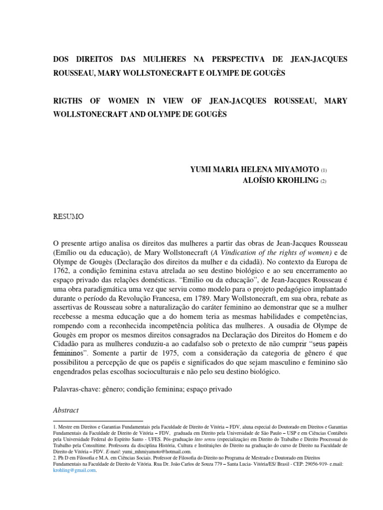 Dos Direitos Das Mulheres Na Perspectiva de Jean-Jacques Rousseau, Mary Wollstonecraft e Olympe ...