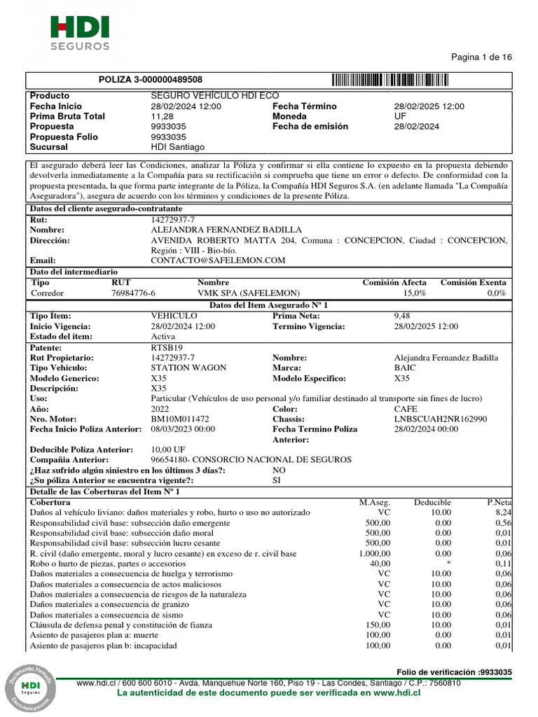 PÃ Liza 489508 - Alejandra Fernandez - 28-02-2024 | PDF | Póliza de seguros | Seguro