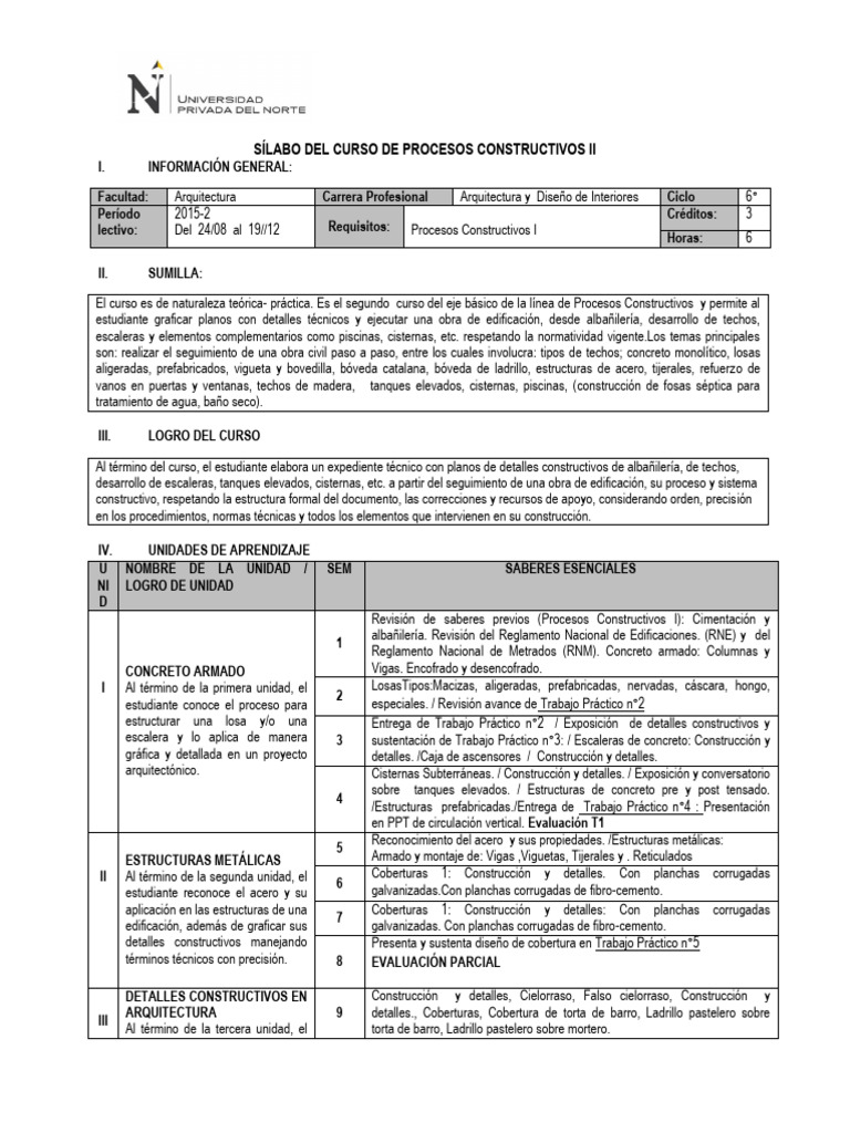 2015 - 2 Silabo de Procesos Constructivos Ii 2015 - 2 | PDF | Albañilería | Carpintería