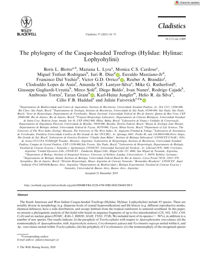 Blotto Et Al. 2021 (The Phylogeny of The Casqueheaded Treefrogs ...