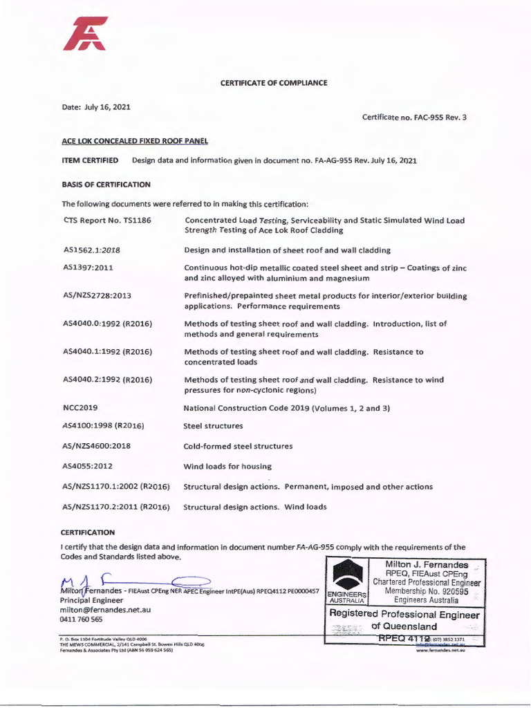 Ace Lok Compliance Certificate | PDF | Sheet Metal | Roof