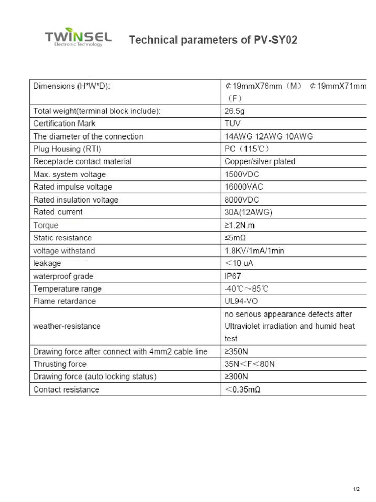 MC4 - Twinsel PV SY02 Specs | PDF