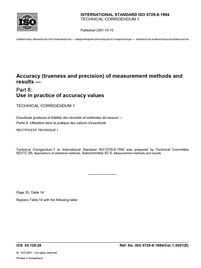 ISO 5725-6-1994 cor1-2001 | PDF | International Organization For Standardization | Regulation