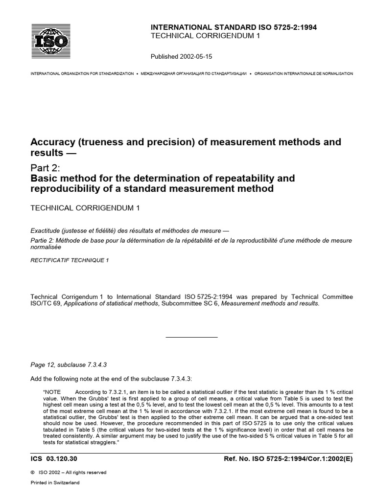 ISO 5725-2:1994 Technical Corrigendum 1 | PDF | International ...