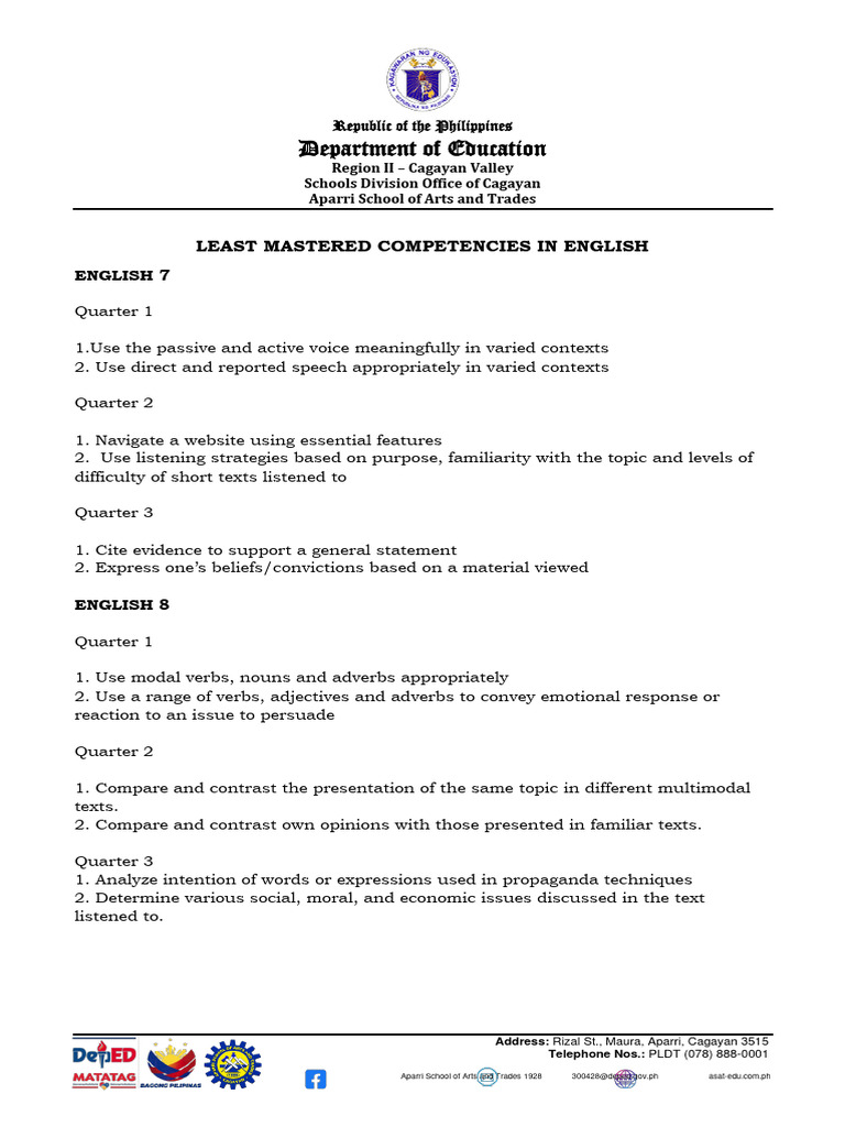Least Mastered English Competencies | PDF | Verb | Adverb