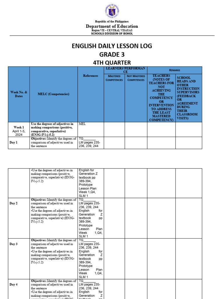 Q3 LESSON LOG English | PDF | Adverb | English Language