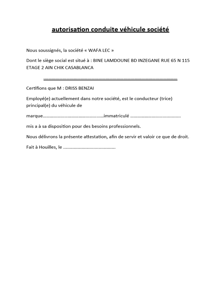 Autorisation Conduite Véhicule Société - PROCURATION | PDF