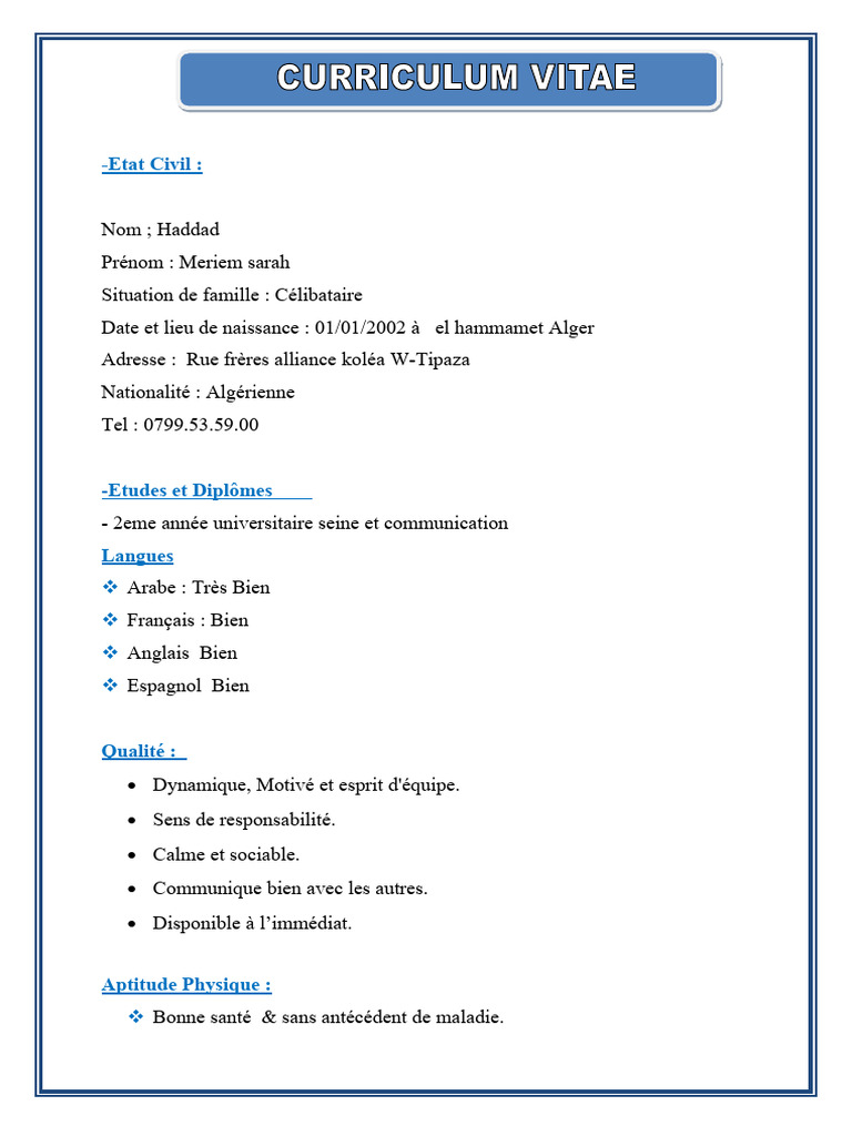 CV de Meriem Sarah Haddad | PDF | Mode de vie