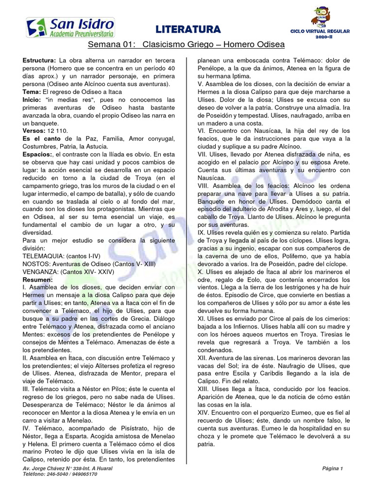 Sem1 Literatura Clasicismo Griego Homero Odisea Ac. San Isidro 2020 II | PDF | Odiseo | Odisea