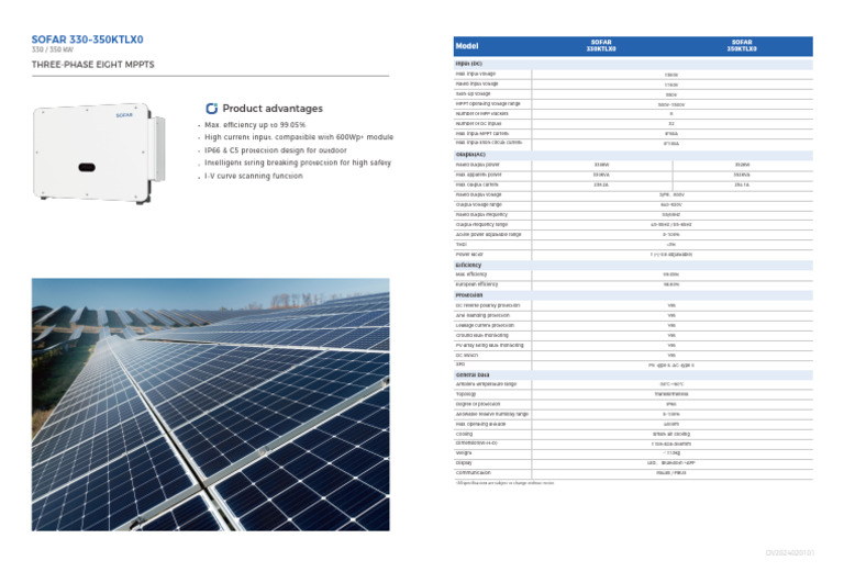 SOFAR 330~350KTL Datasheet_2024-02-01_V1.1_en-INT | PDF | Computer Engineering | Electrical ...