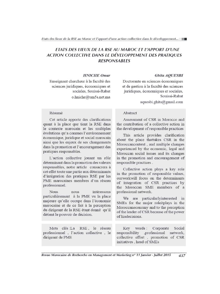 Etats Des Lieux de La Rse Au Maroc Et L'apport D'une Action Collective ...