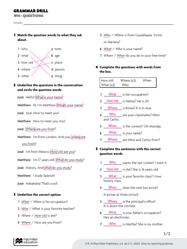Grammar Drill 01 WH Questions Answer Key | PDF | Human Communication ...