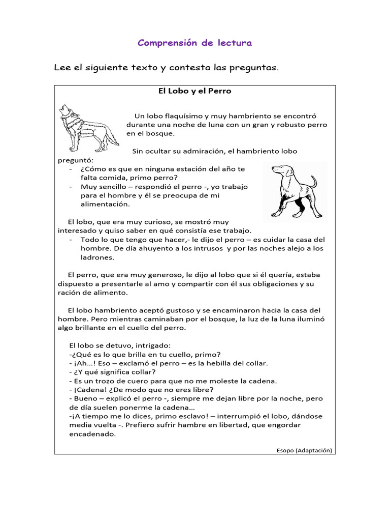 Comprensión de Lectura El Lobo y El Perro | PDF