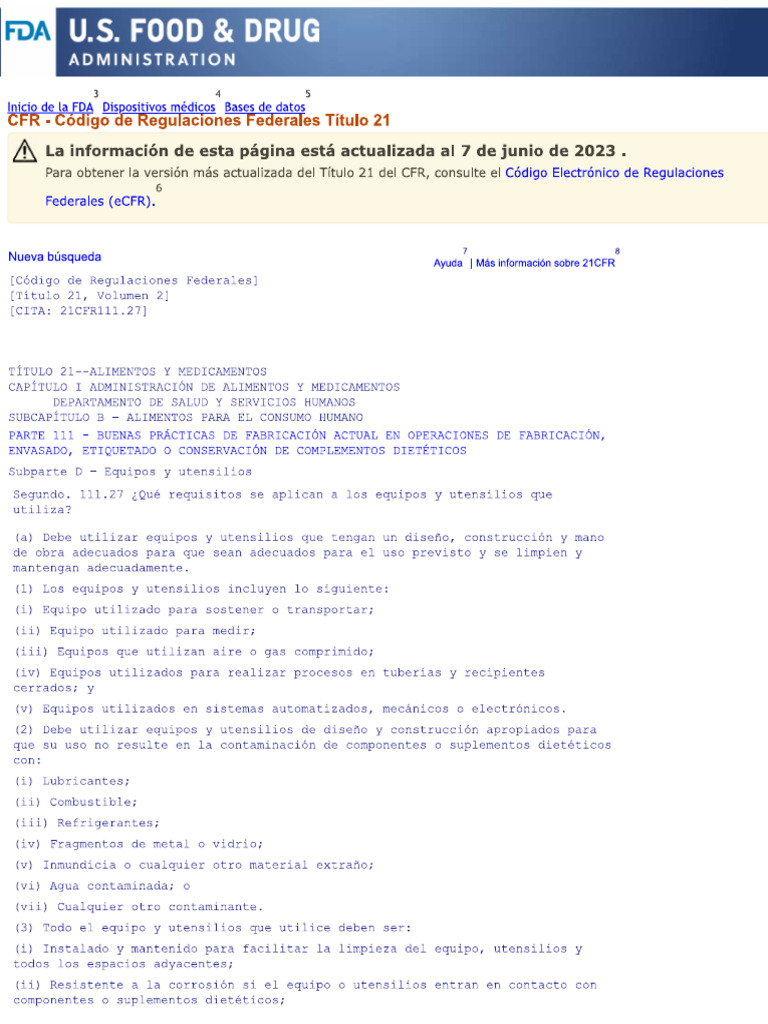 FDA - CFR PARTE 111 - BPM Operaciones de Fabricación de Complementos ...