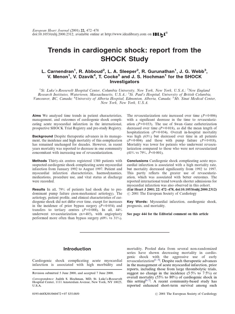 Trends in Cardiogenic Shock: Report From The SHOCK Study | PDF ...