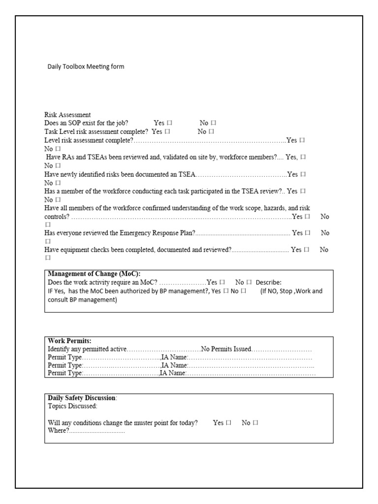 Daily Toolbox Meeting Form | PDF | Hazards | Occupational Safety And Health