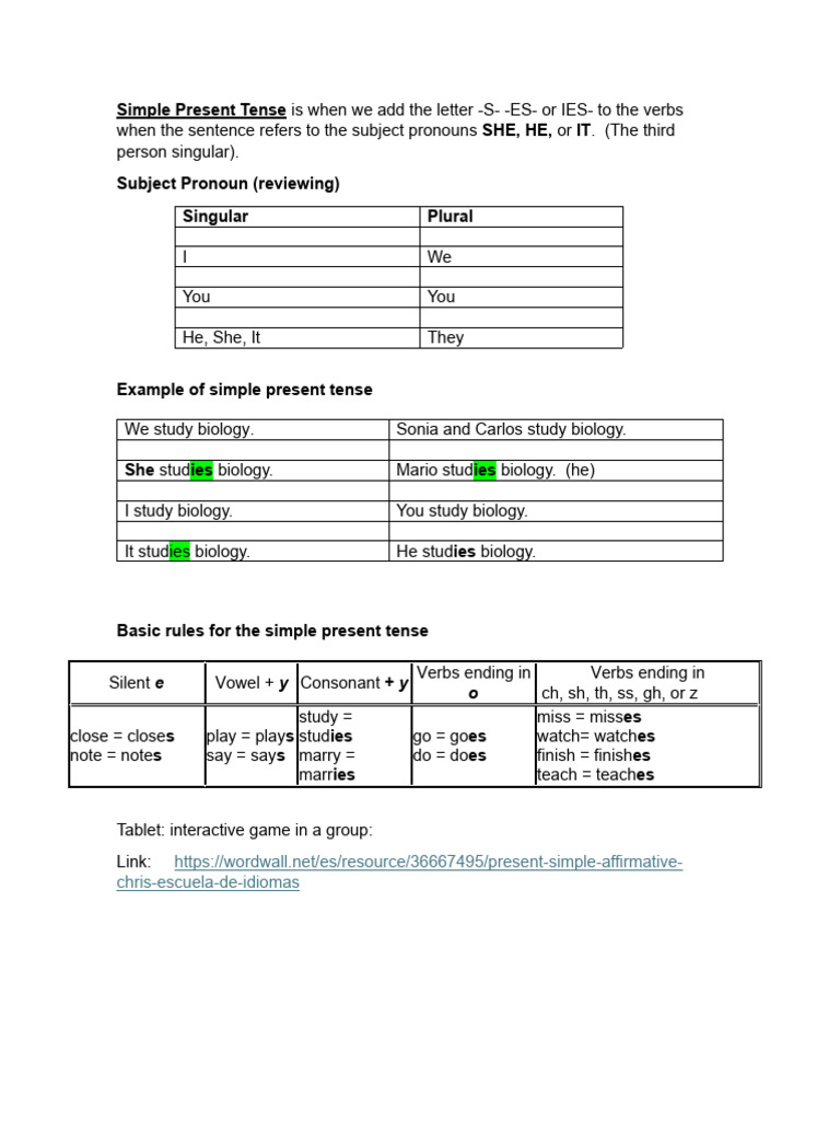 Simple Present Tense Is When We Add The Letter - S - ES - or IES - To ...