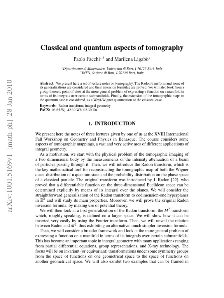 Classical and Quantum Aspects of Tomography Radon | PDF | Euclidean ...