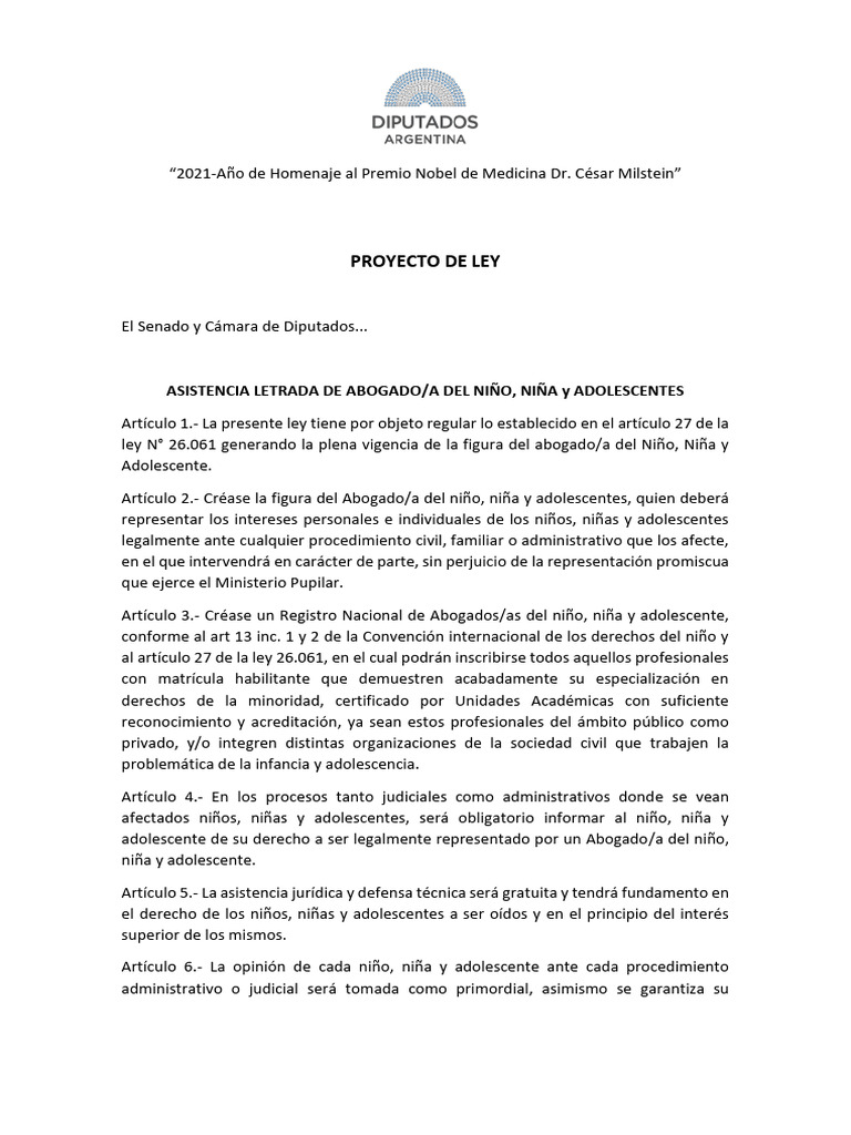 Proyecto De Ley Creacion Del Registro Nacional De Abogados Del Niño 2833