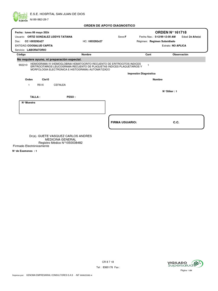 Leidy Tatiana Ortiz Rprocedimientosl_1_hospital | PDF