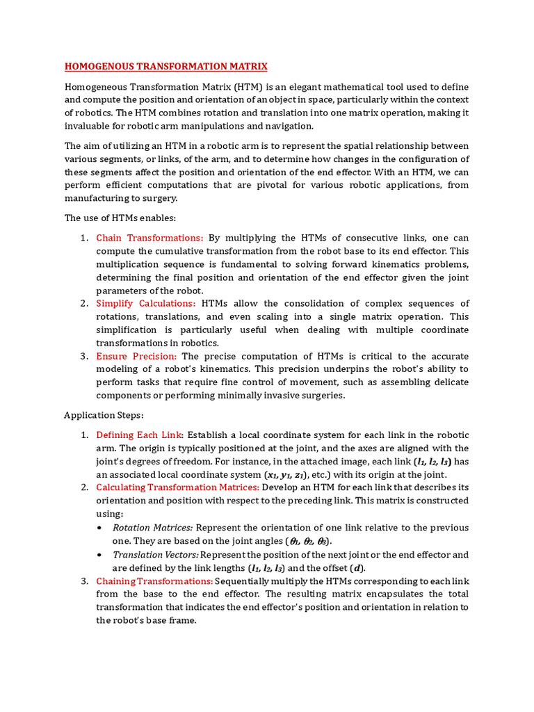 Homogenous Transformation Matrix | PDF | Robotics | Matrix (Mathematics)