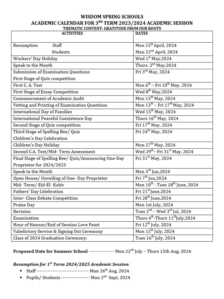 3rd Term Academic Calendar | PDF