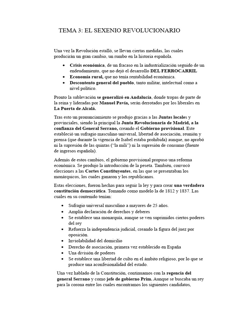 Tema 3 - El Sexenio Revolucionario. | PDF | España | Política de españa