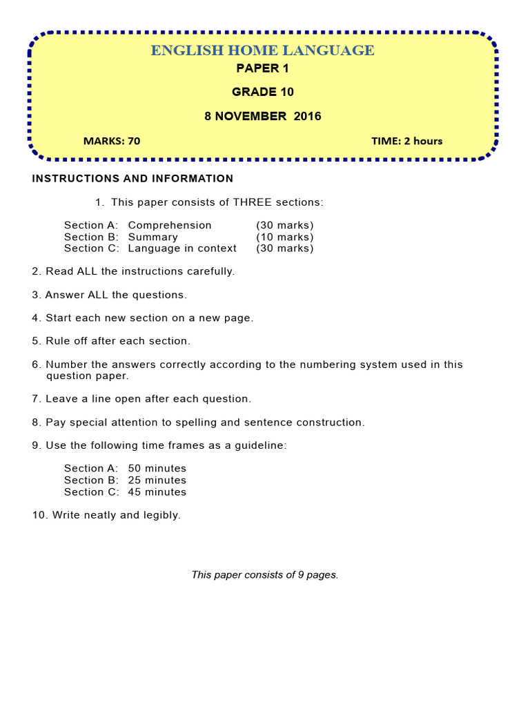 2016 English HL P1 Grade 10 Nov | PDF | Advertising | Paragraph