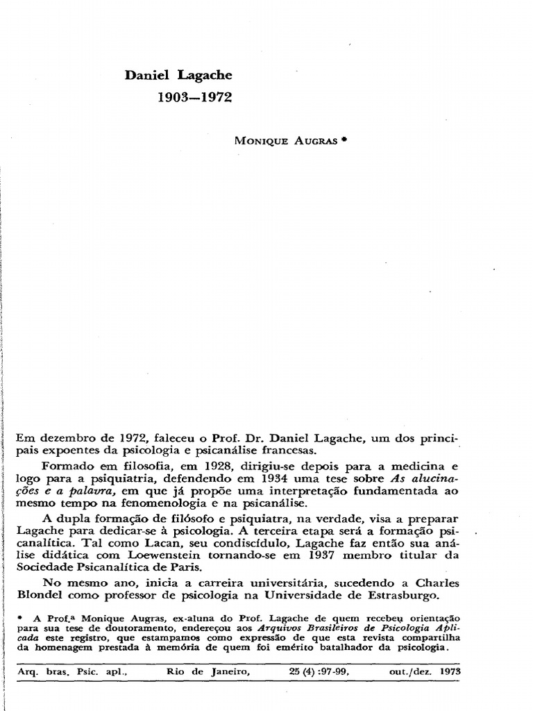 Biografia Daniel Lagache - Monique Augras | PDF | Psicologia | Psicanálise