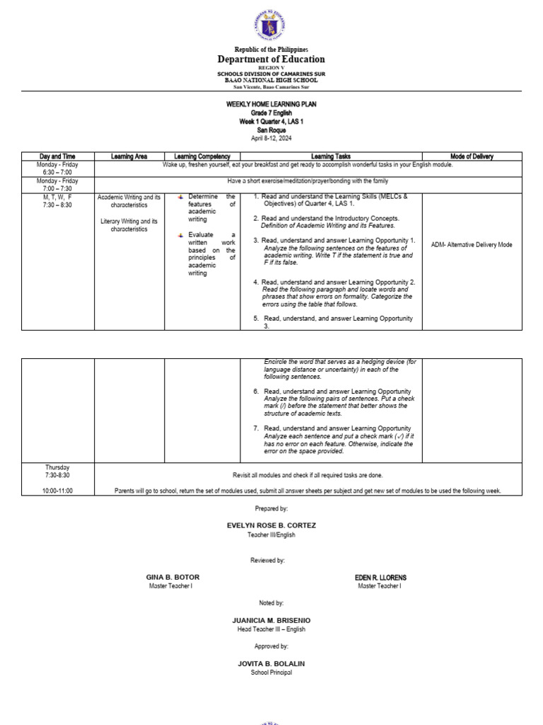 English 7 Weekly Home Learning Plan Q4 Week 1 | PDF | Behavior Modification | Learning