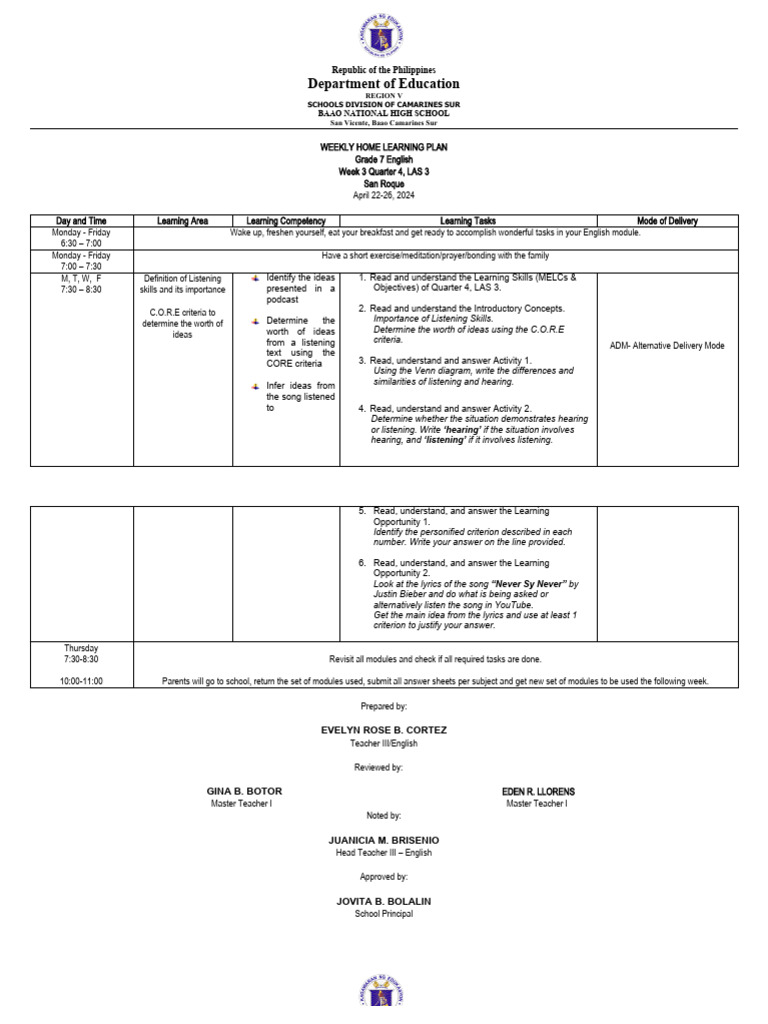 Grade 7 English Learning Plan | PDF | Learning | Behavior Modification