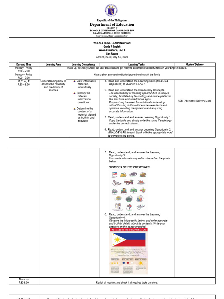 English 7 Weekly Home Learning Plan Q4 Week 4 | PDF | Learning | Critical Thinking