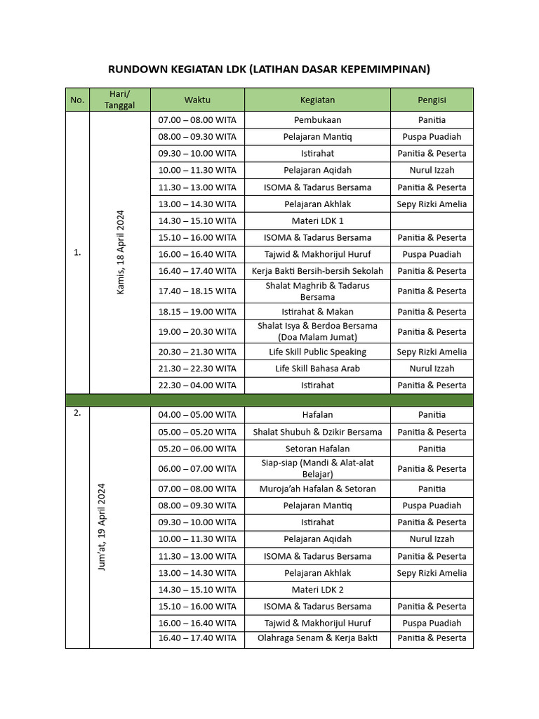 Rundown Kegiatan LDK 3 Hari | PDF