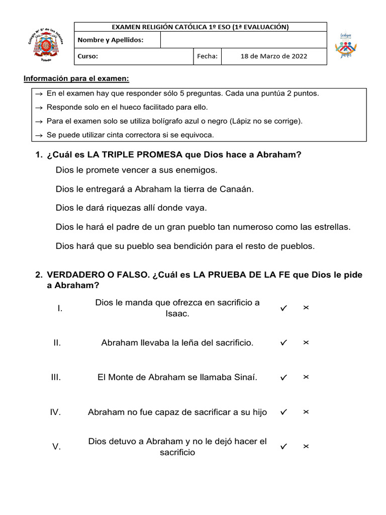 Examen Religión HSI 1º ESO ADAPTACIÓN (2 Evaluación) | PDF | Abrahán | Pascua