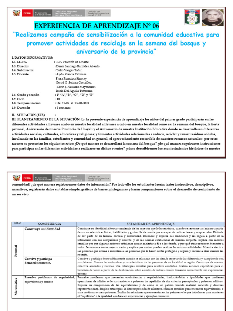 EXPERIENCIA DE APRENDIZAJE #06 1º Grado FLORA | PDF | Experiencia | Evaluación