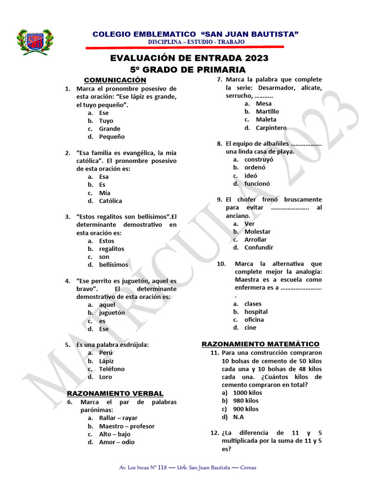 Evaluación de Entrada 2023 5º Grado de Primaria: Colegio Emblematico ...