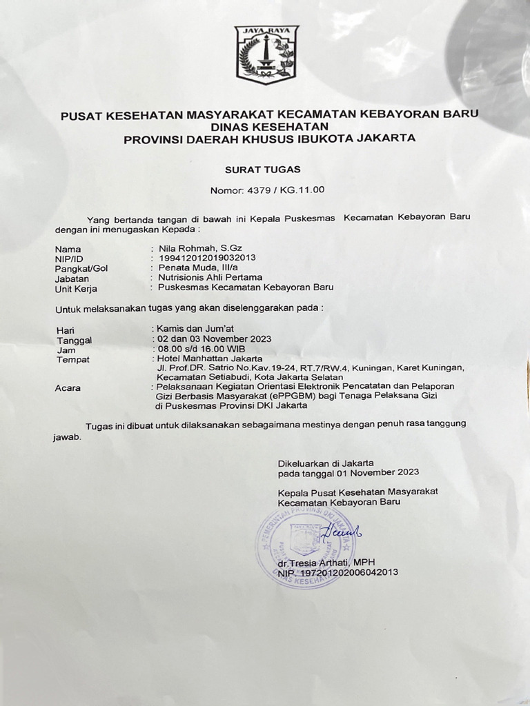Surat Tugas Nila PKM Kebayoran Baru | PDF