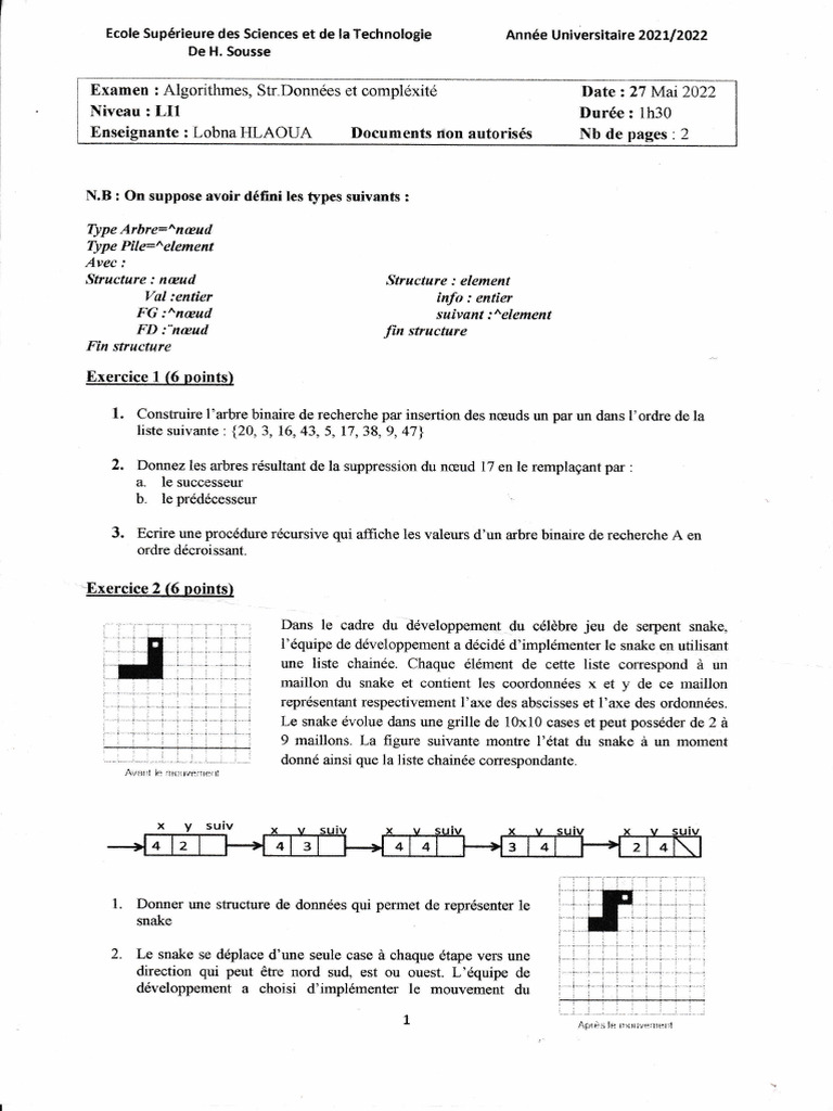 EXAMEN Algo2 2021 2022 | PDF | Algorithmes et structures de données