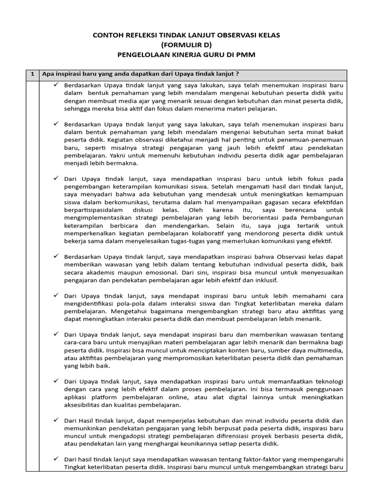 Refleksi Tindak Lanjut Pembelajaran Kelas | PDF