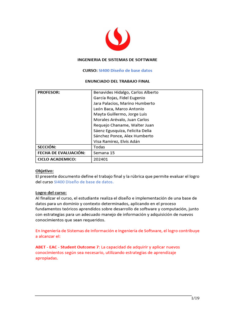 Upc Pre 202401 Si400 Final Project Statement Abet v1 | PDF | Base de datos relacional | Bases de ...