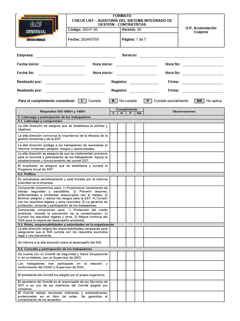 SIG-F-20 Check List Auditoría SIG | Descargar gratis PDF | Auditoría ...