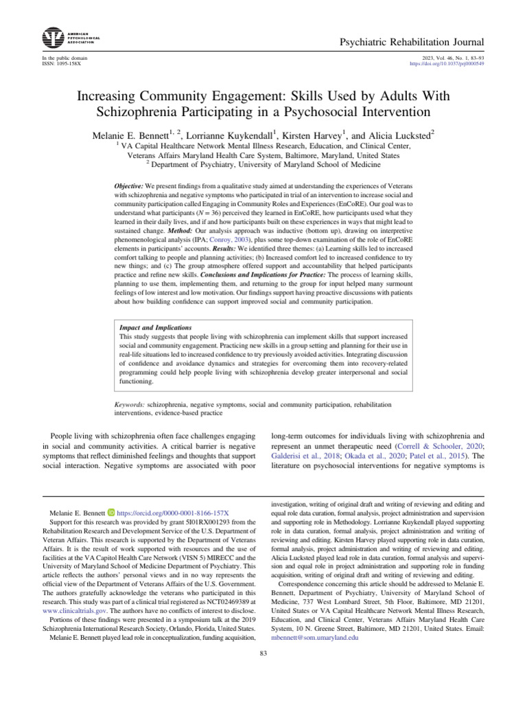 Increasing Community Engagement Skills Used by Adults With Schizophrenia Participating in A ...
