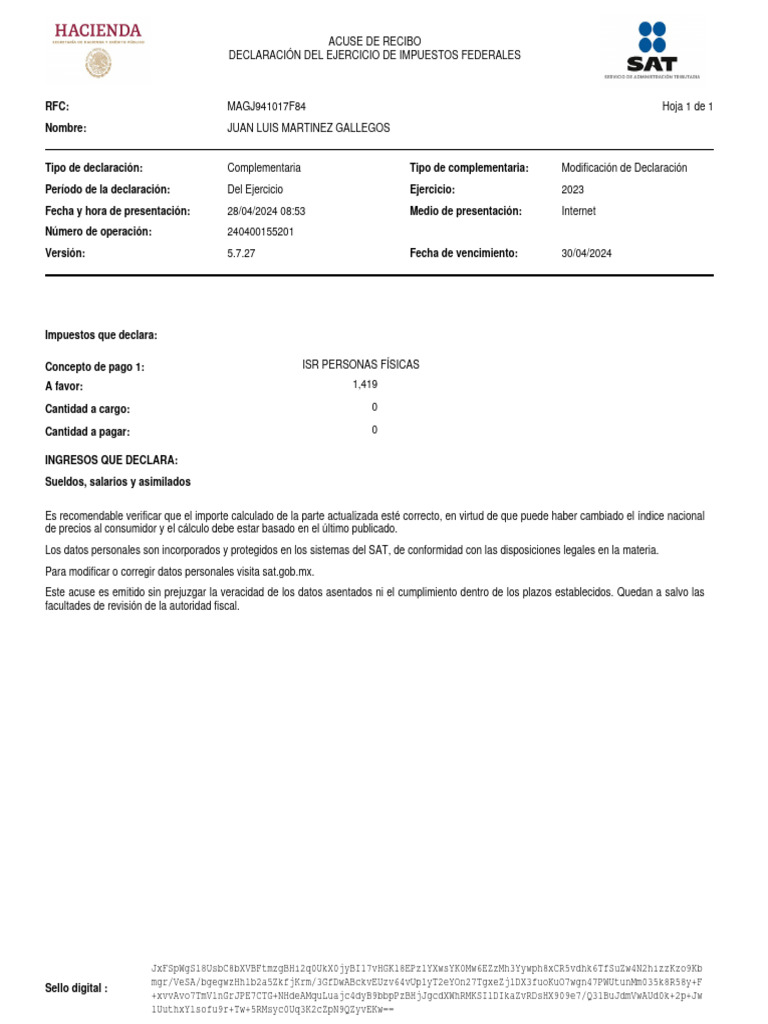 Acuse de Recibo: Declaración ISR | PDF