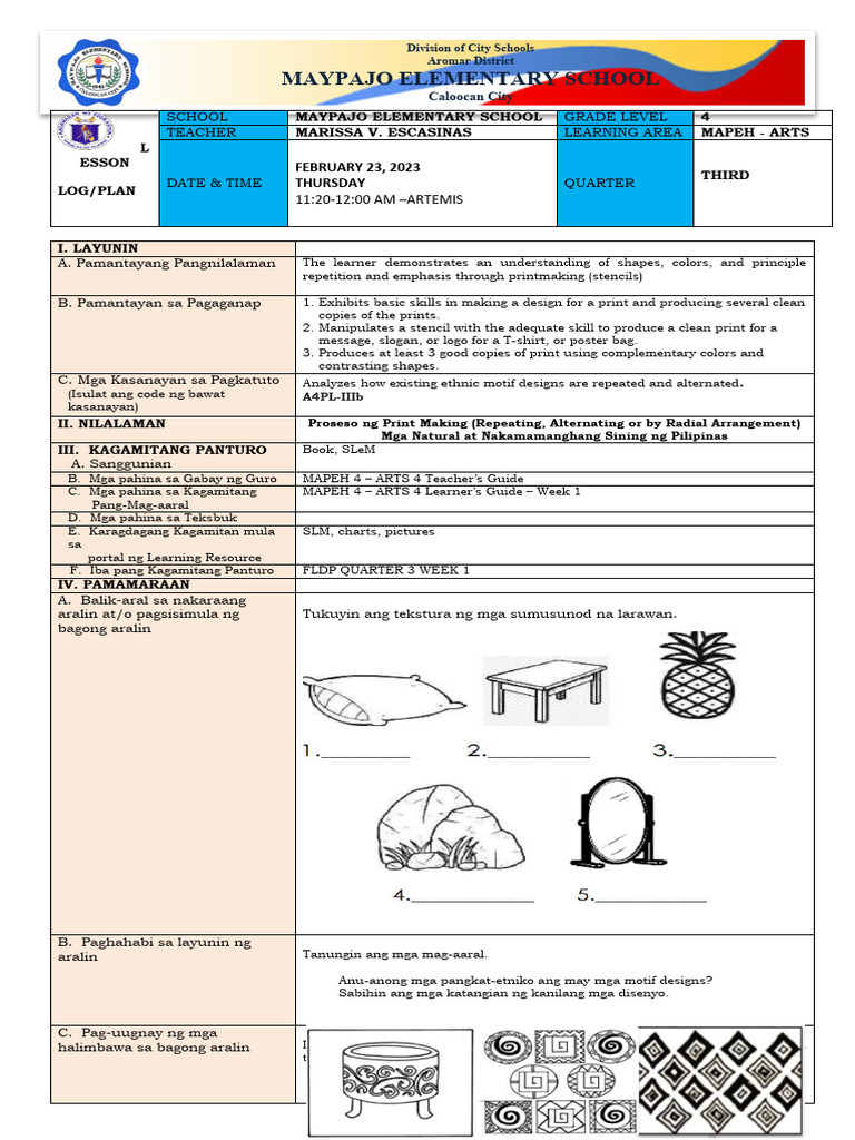 MAPEH 3rd ARTS Week 1 DLP DAY 2 | PDF